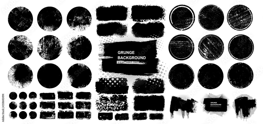 Black grunge post stamps, circles and rectangles. Blank shapes. Banners ...