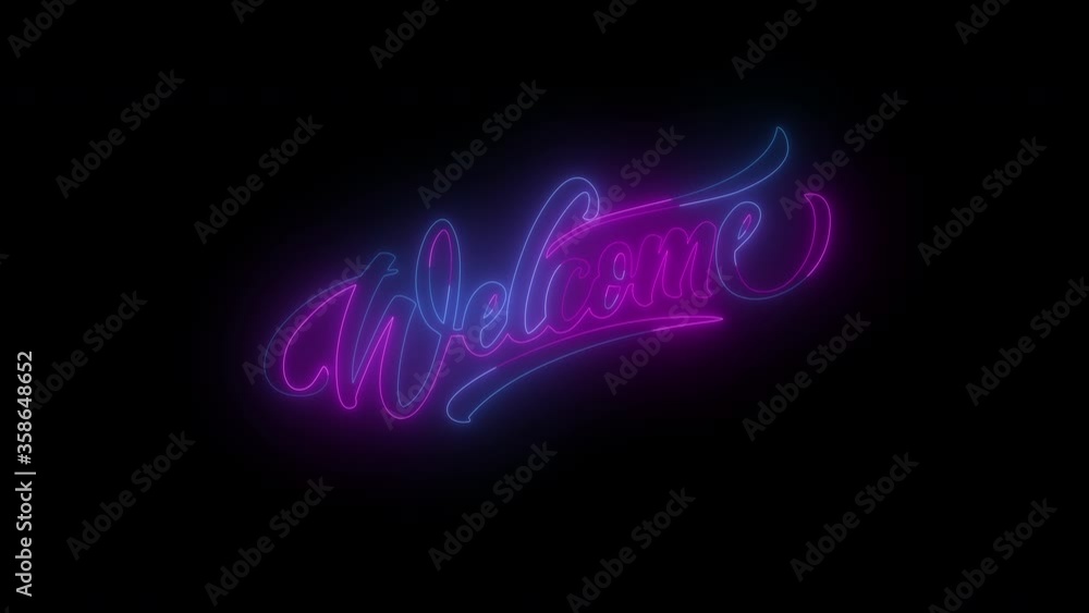 Welcome neon sign fluorescent light glowing on black background. Text ...