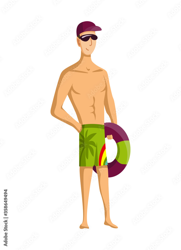 Summer beach activities. Guy stand with inflatable circle. Beach ...