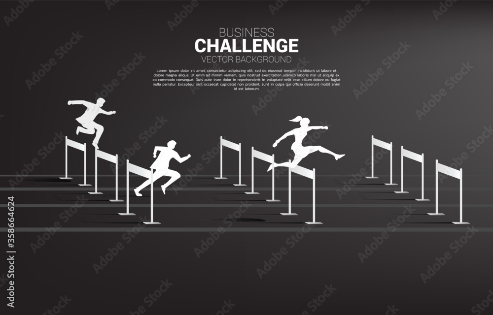 Silhouette businessman and businesswoman jumping across hurdles ...