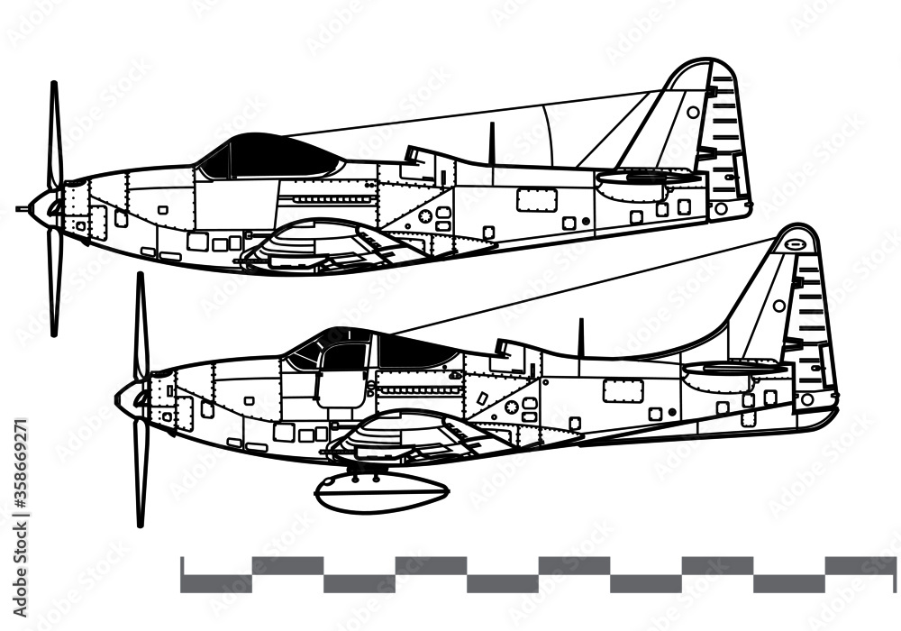Vetor de Bell P-63D-E Kingcobra. World War 2 fighter aircraft. Side ...