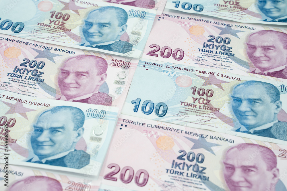 Turkish money 100 and 200 TL banknot lines on white background Stock ...