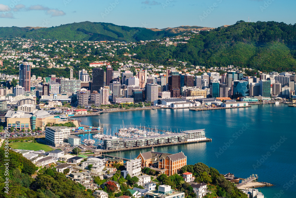 Wellington, New Zealand. Morning view of Wellington city buildings and ...