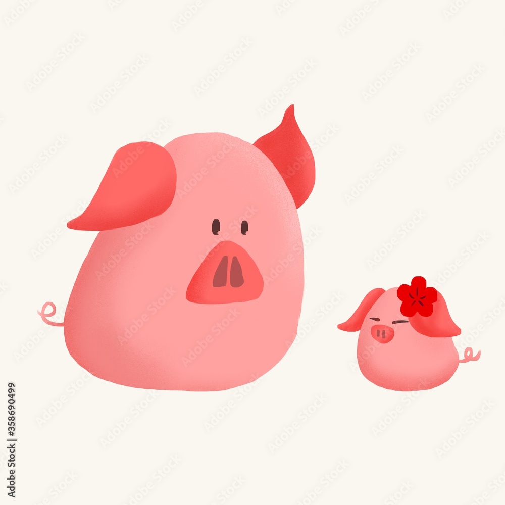 Two pinky pigs. Father/Mother and kid. Cute cartoon pigs element, solid background. Zodiac ...