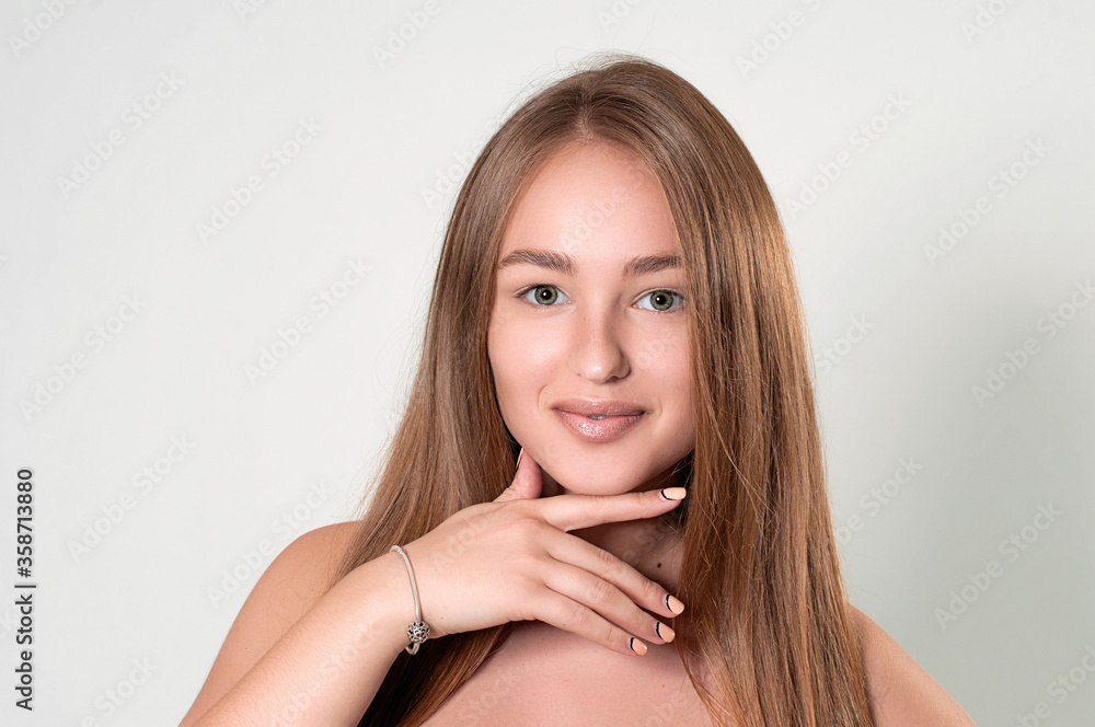 Beautiful young girl without make up posing on white background Stock ...