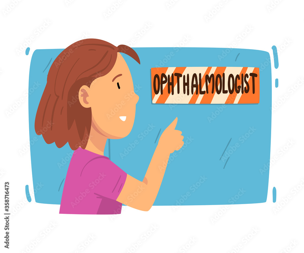 Girl Standing in front of Door of Ophthalmologist Cabinet and Reading ...