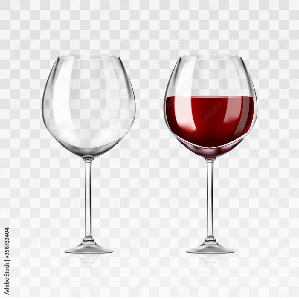 Vector Realistic Full And Empty Glasses Of Red Wine Beautiful Shining Glass Isolated On