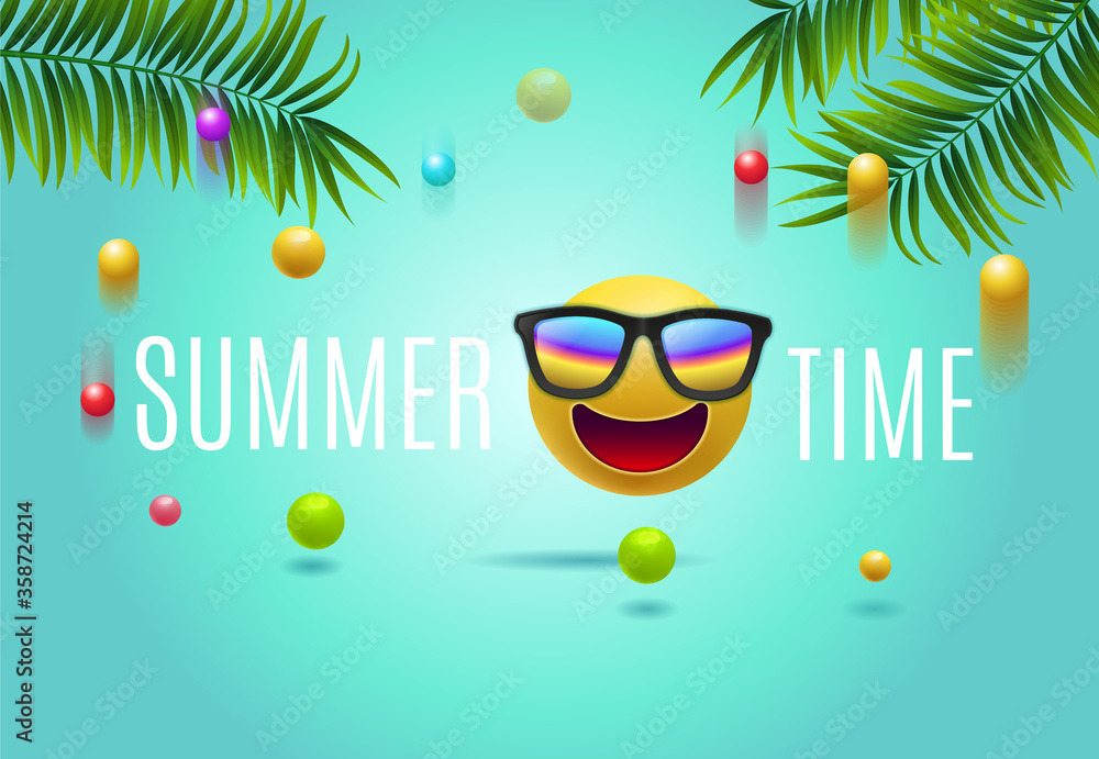 Yellow 3D smiley with glasses on blue summer background with palm ...