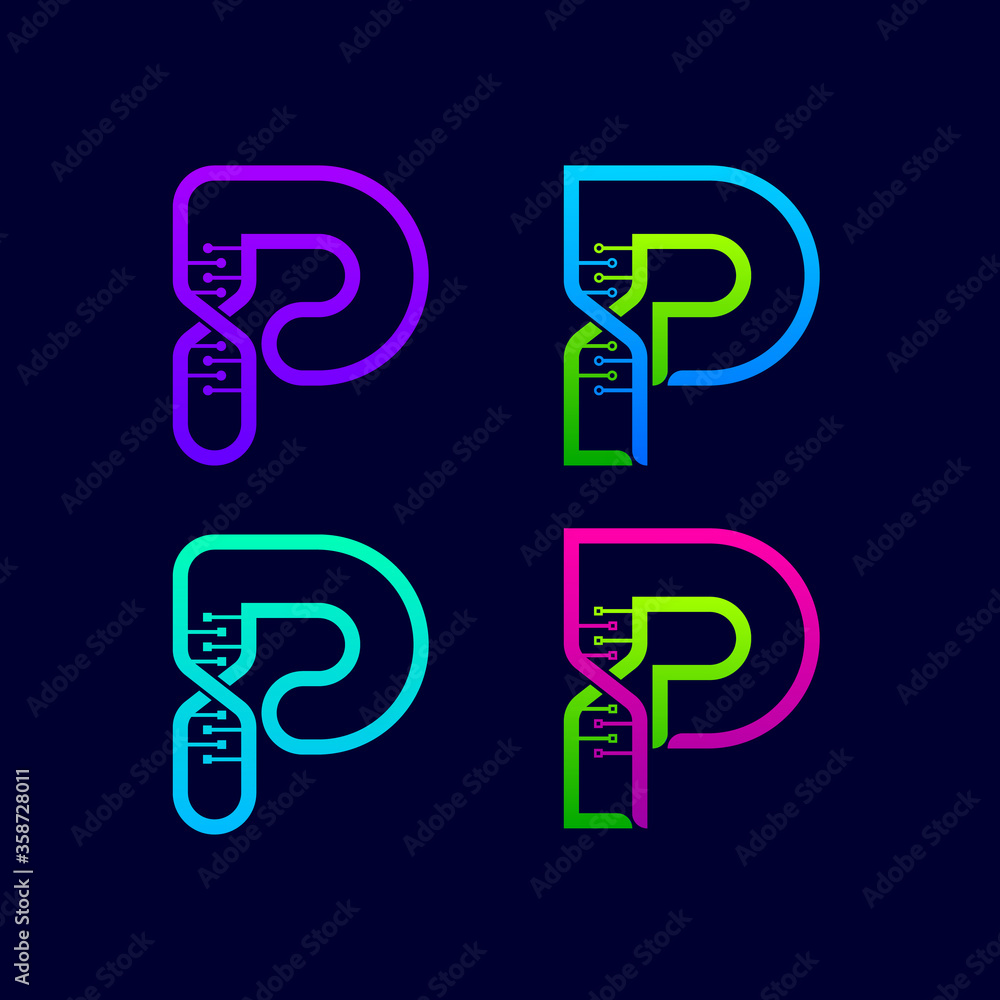 Letter P logotype with Genetic DNA structure and Dot Linked Shape logos ...