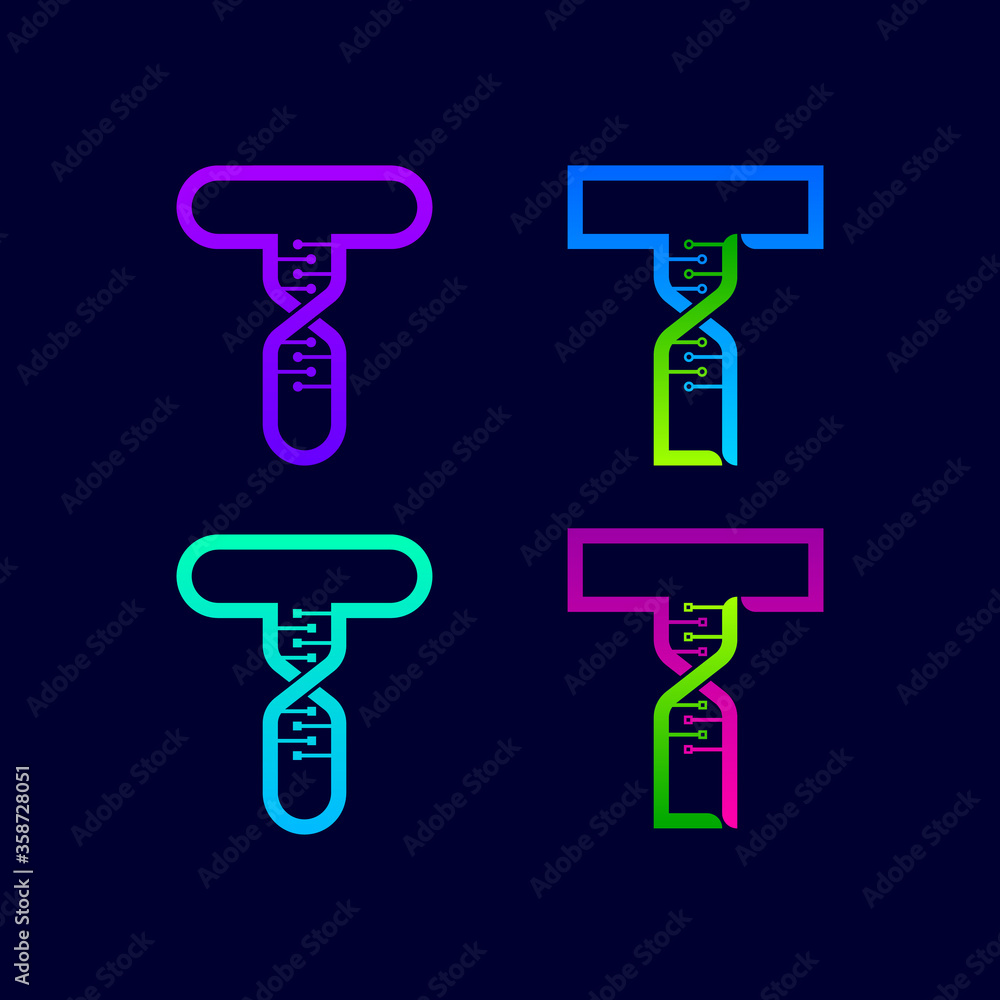 Letter T logotype with Genetic DNA structure and Dot Linked Shape logos ...