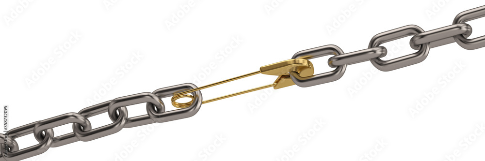 Safety pin and Iron chain isolated on white background. 3D illustration ...