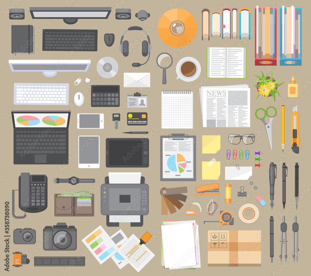 Vector set. Workspace businessman. Items on the desktop. Top view ...