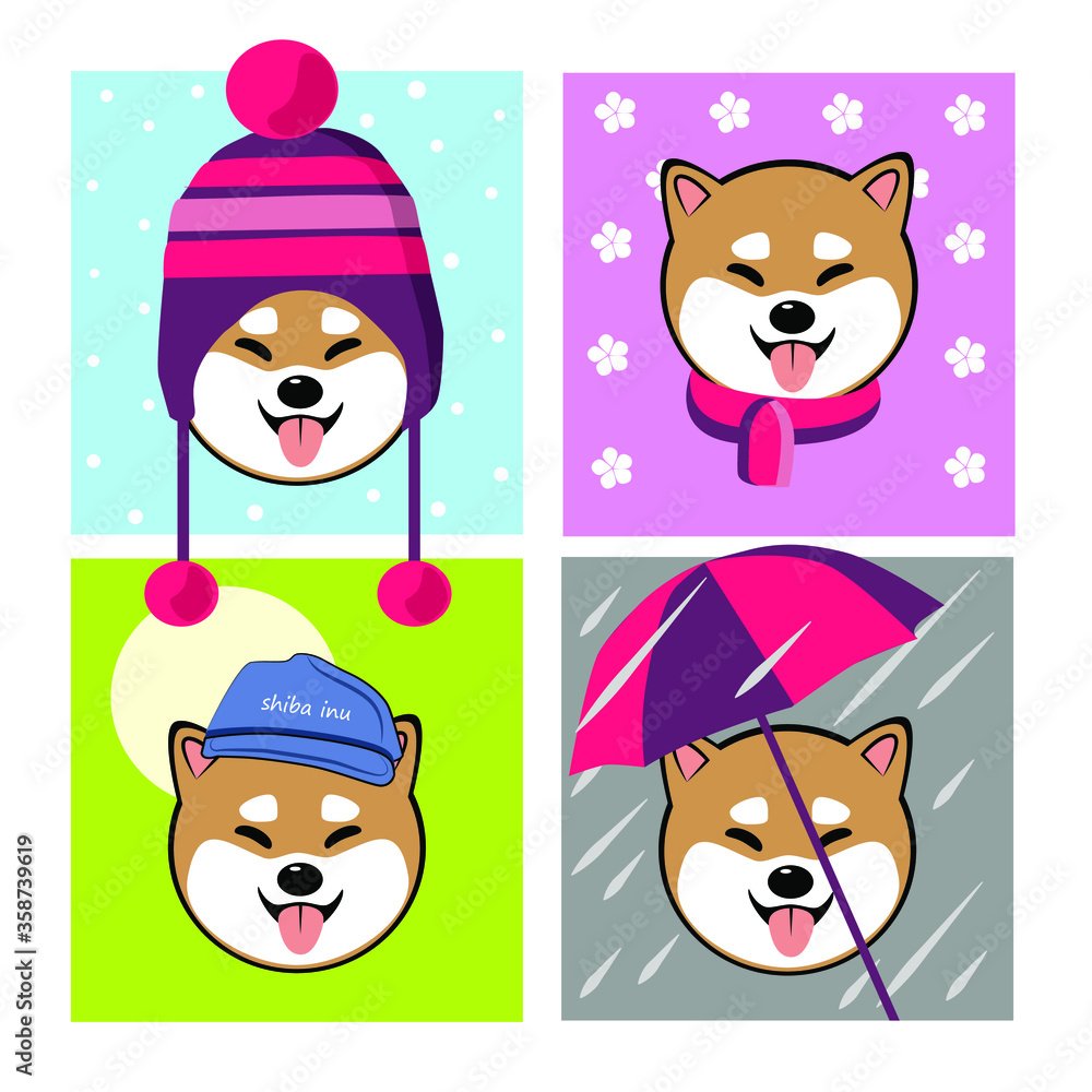 vector illustration seasons and cute chibi anime funny dog shiba inu in ...