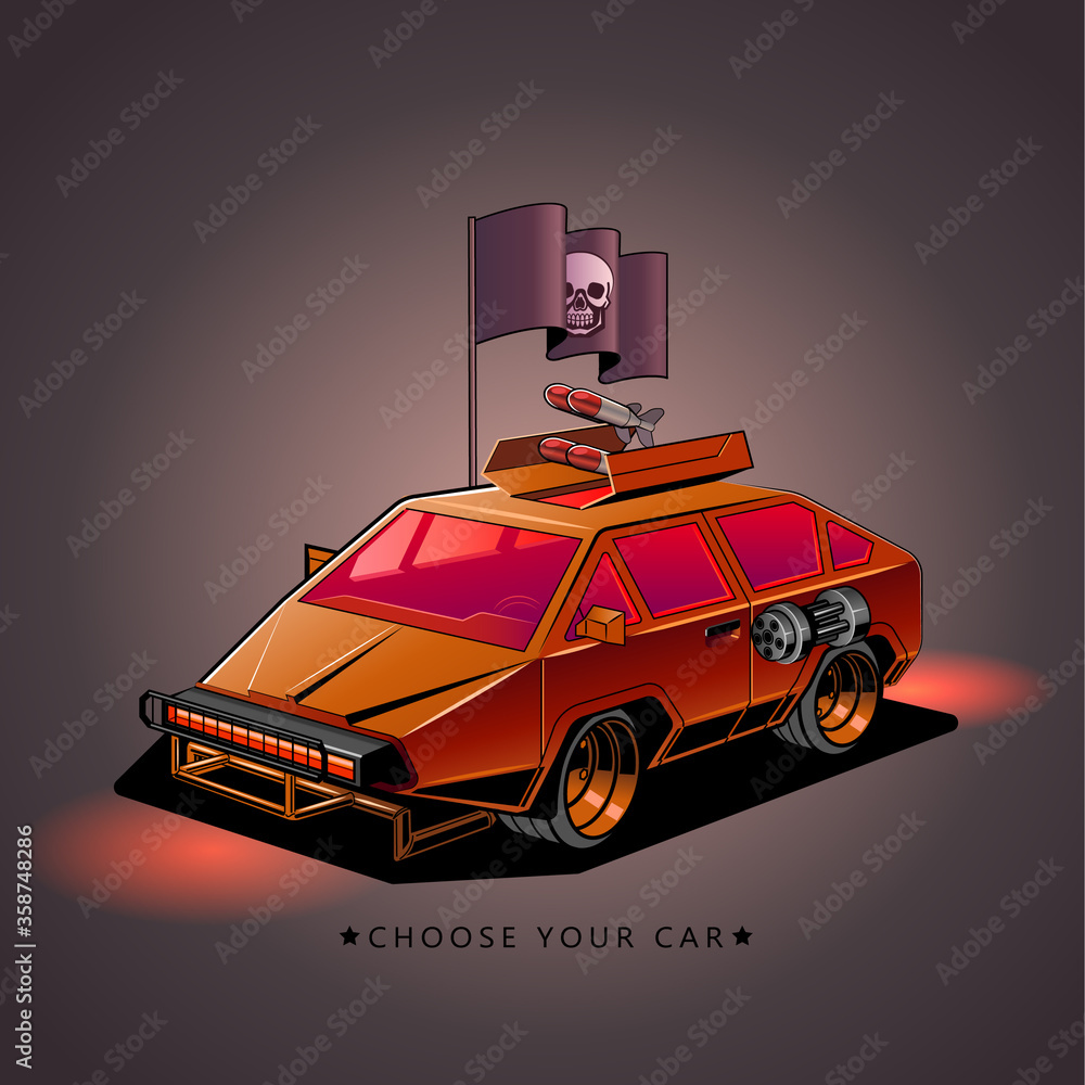 Race and destroy car, comic book style vector illustration. Devil Car ...