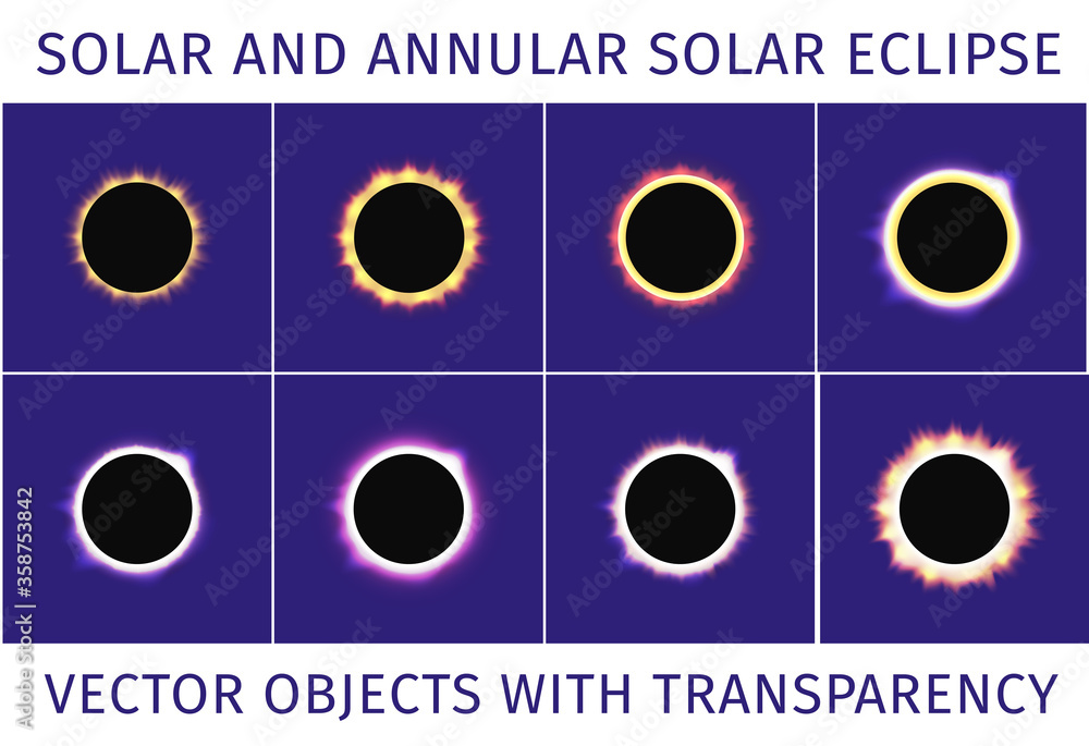 Total and annular solar eclipse. Set of different eclipses with ...