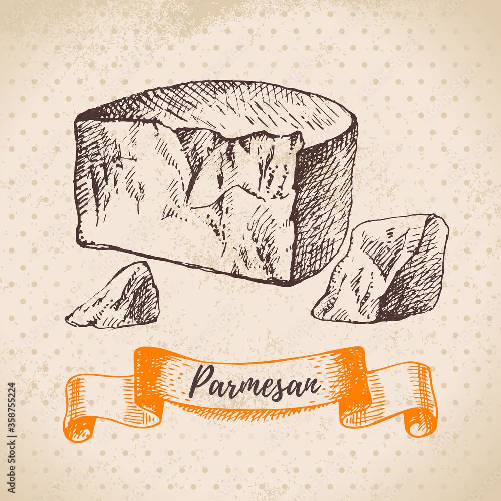 Hand drawn sketch Parmesan cheese background. Vector illustration of ...