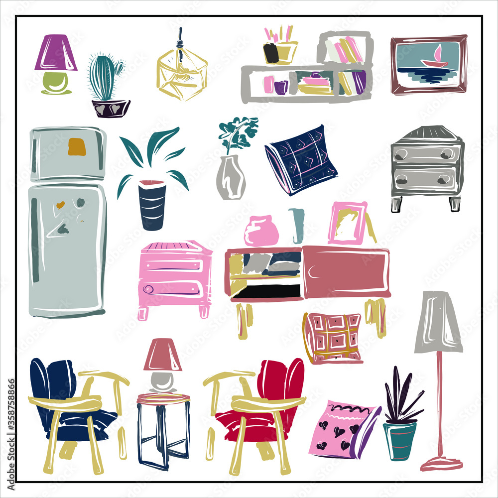 Vector set of isolated images of furniture and household items on a ...