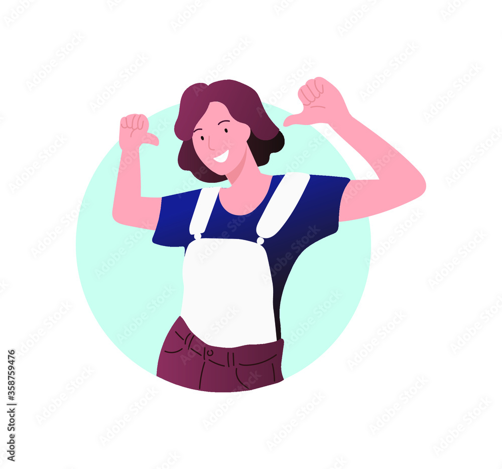 Woman looking confident with smile on face, pointing oneself with ...