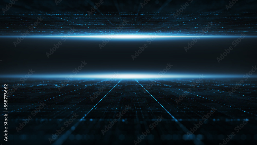 Abstract Digital cyber space particles perspective grid floor ground ...