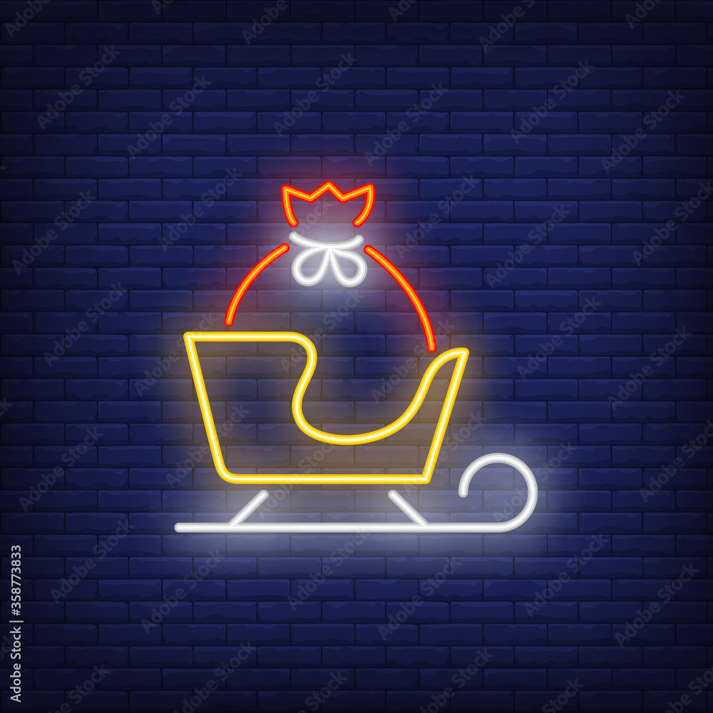 Santa Claus sack on sleigh neon sign. Holiday advertisement design ...