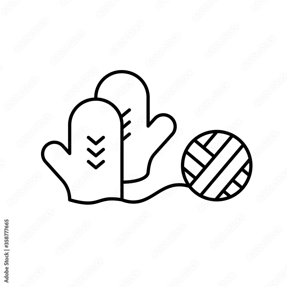 Mittens, ball of thread. Dissolve knitting, linear icon. Black simple ...