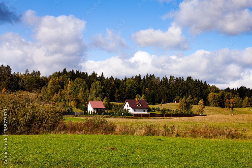 Houses at countryside, fields. Village in Poland, Europe. Blue sky with ...