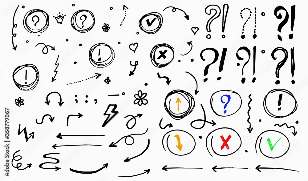Big set of doodle vector arrows, circles, questions, exclamations and ...