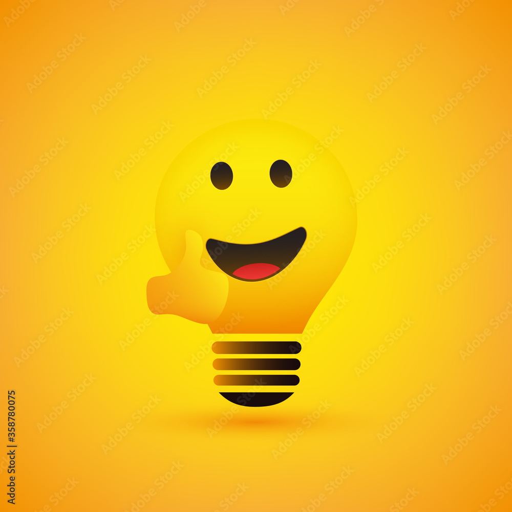 Smiling Light Bulb Emoticon with Thumbs Up - Simple Shiny Happy ...