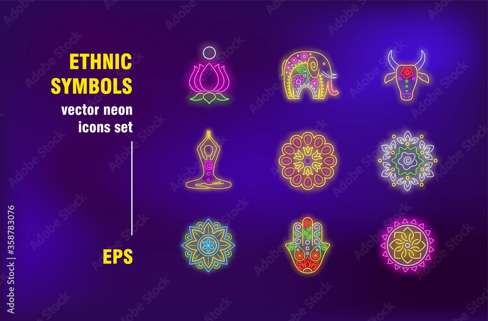Ethnic symbol neon signs collection. Illuminated floral patterns ...
