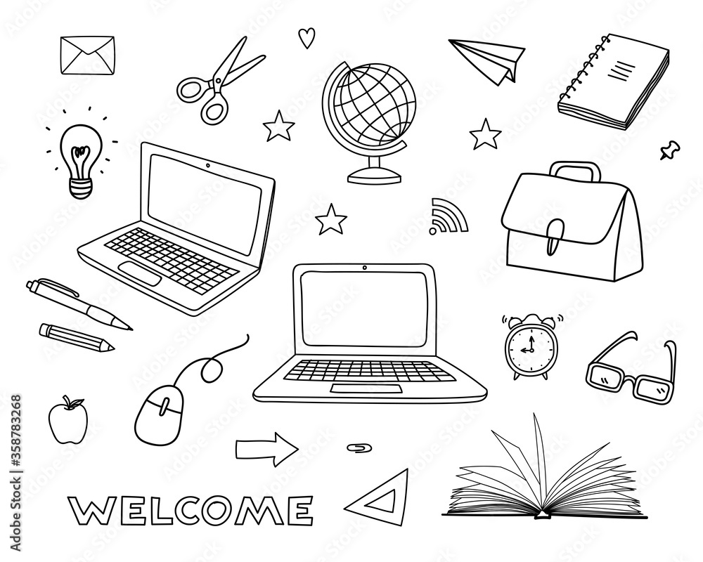 Workroom stuff doodle. Hand drawn vector objects. Set of work elements ...