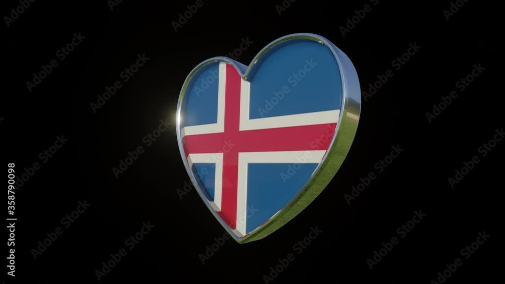 Flag of the Iceland in the shape of 3D heart. Metallic heart with glass ...