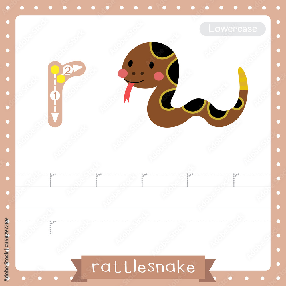 Letter R lowercase tracing practice worksheet of Crawling Rattlesnake ...