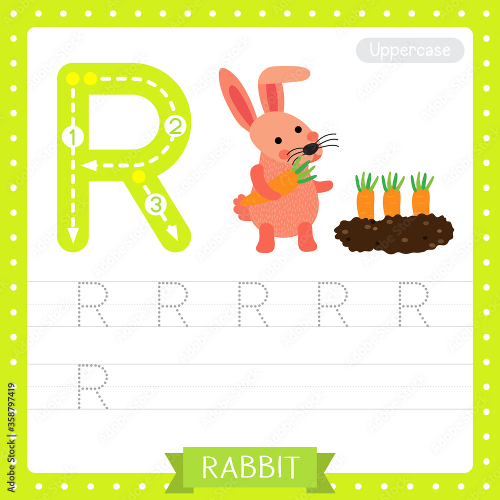 Letter R uppercase tracing practice worksheet of Pink Rabbit holding ...