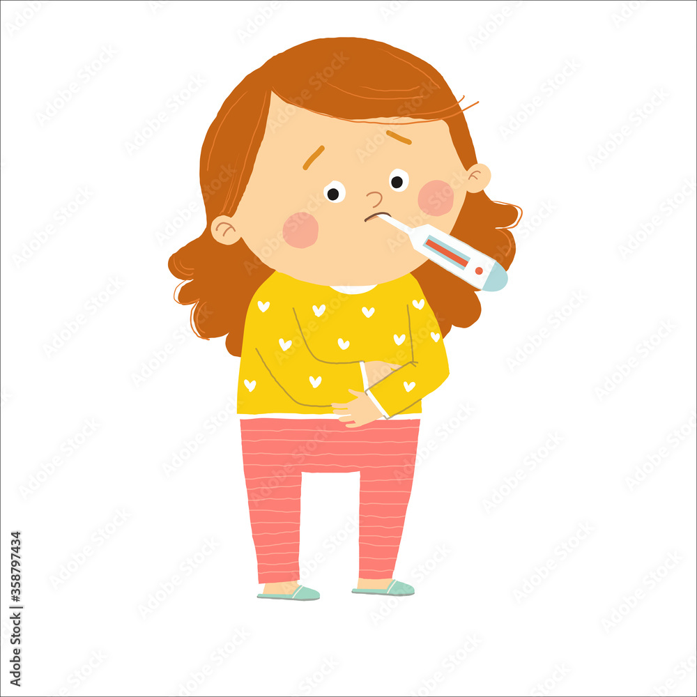Kid girl having fever. Cartoon hand drawn10 illustration isolated on ...