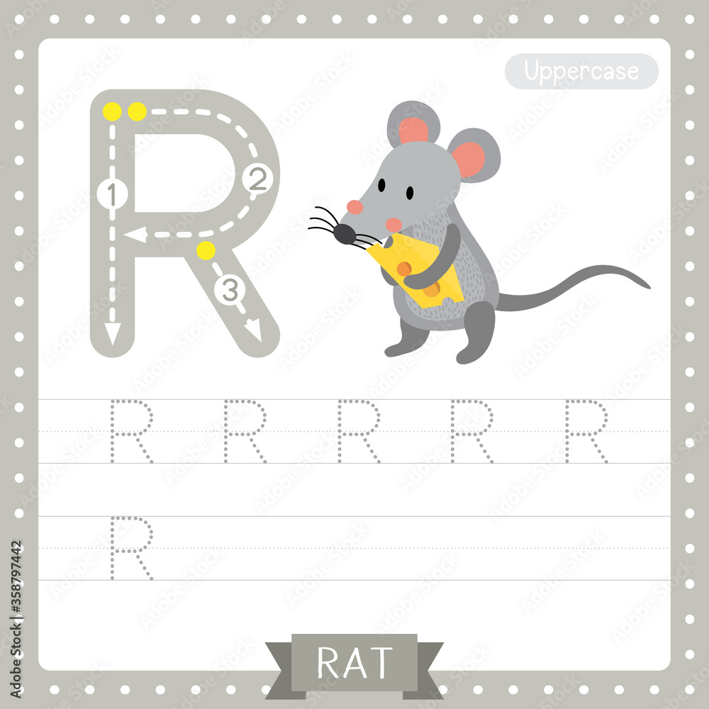 Letter R uppercase tracing practice worksheet of Rat holding cheese ...