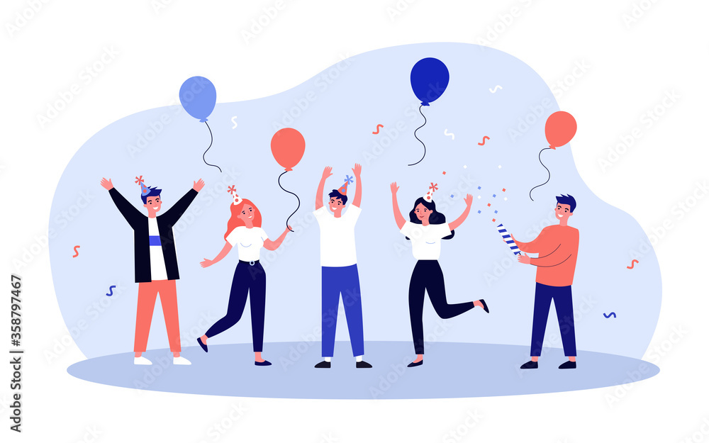 Cheerful friends having fun at birthday party. Happy people dancing ...