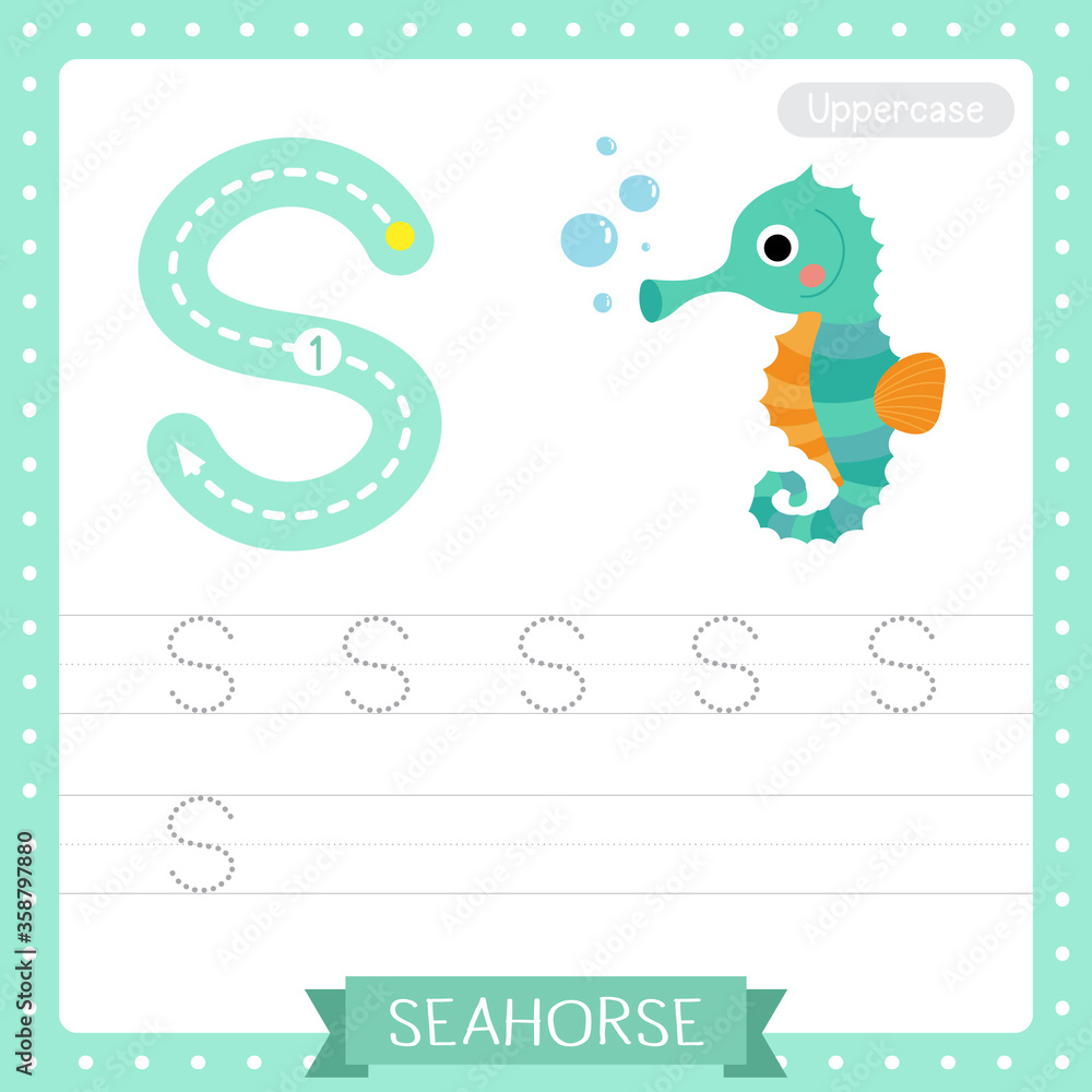 Letter S uppercase tracing practice worksheet of Cute Seahorse Stock ...