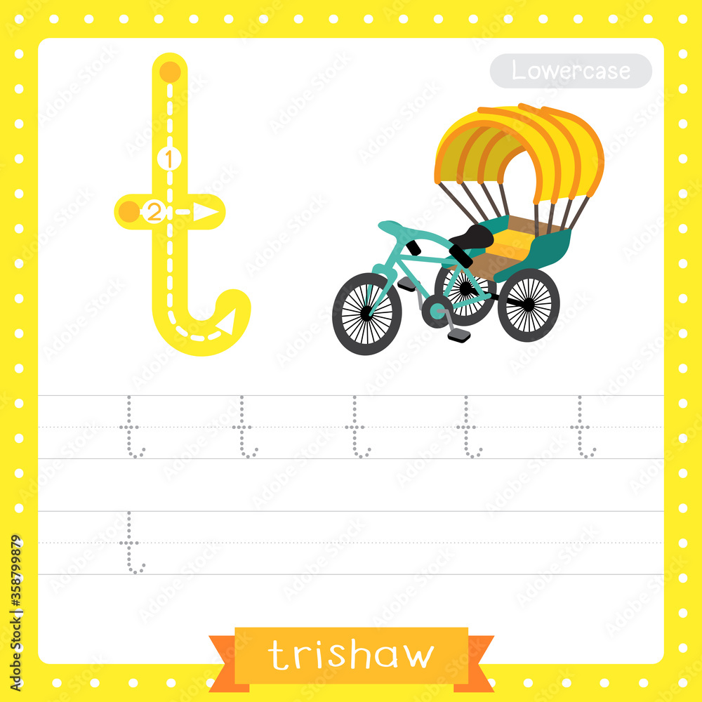 Letter T lowercase tracing practice worksheet of Trishaw Stock Vector ...