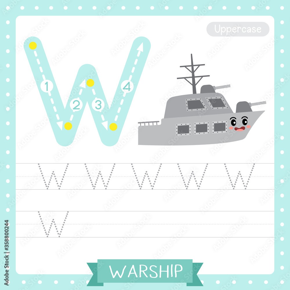 Letter W uppercase tracing practice worksheet of Warship Stock Vector ...