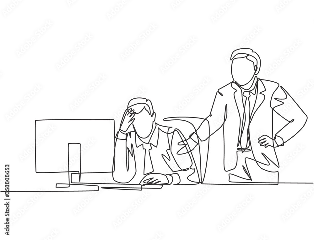 One continuous line drawing of young angry manager asking his depressed ...