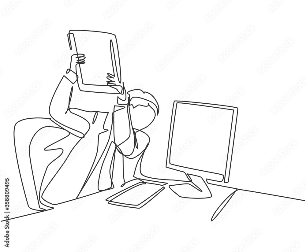 One single line drawing of young furious male worker ready to smash ...
