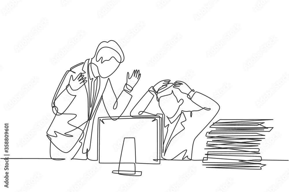 Single continuous line drawing of young furious manager blaming his ...