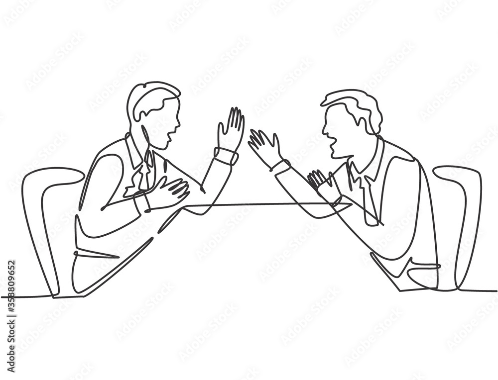 One single line drawing of young angry businessman screaming to his ...