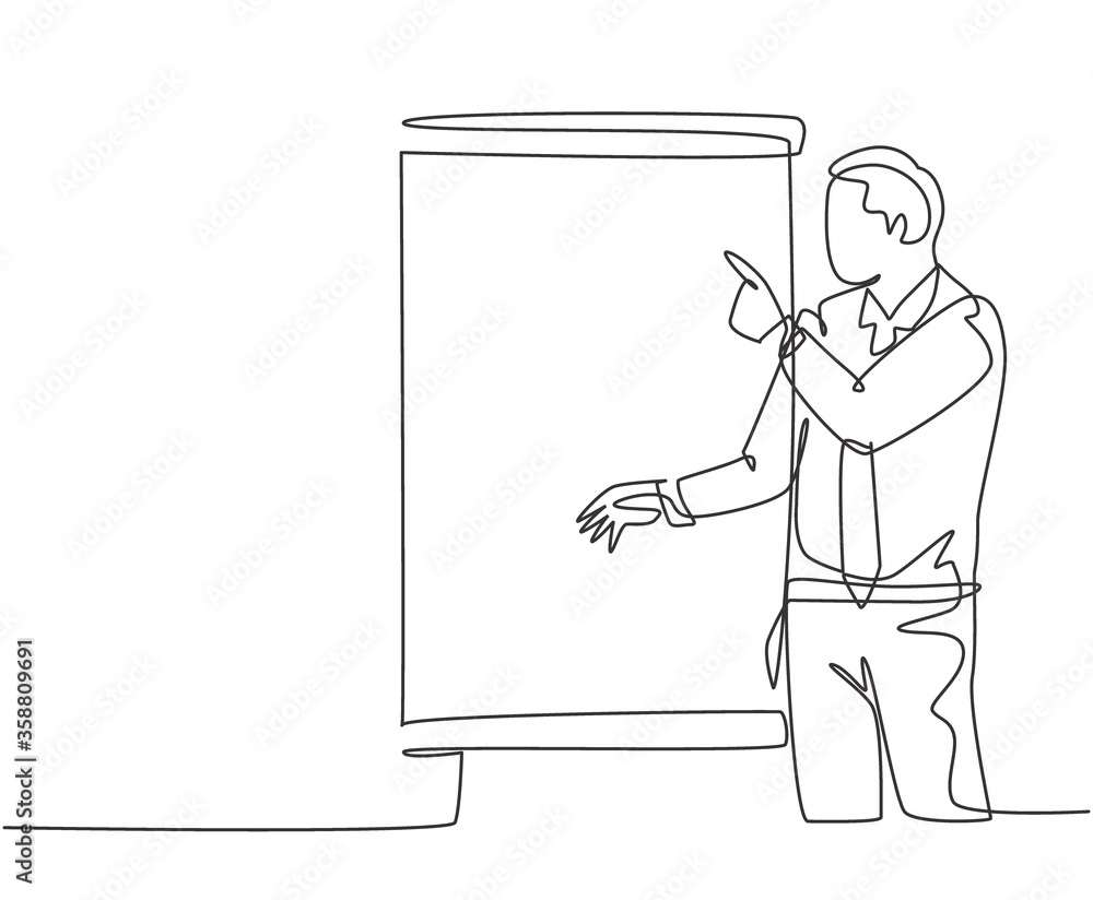 One continuous line drawing of young startup founder presenting new ...