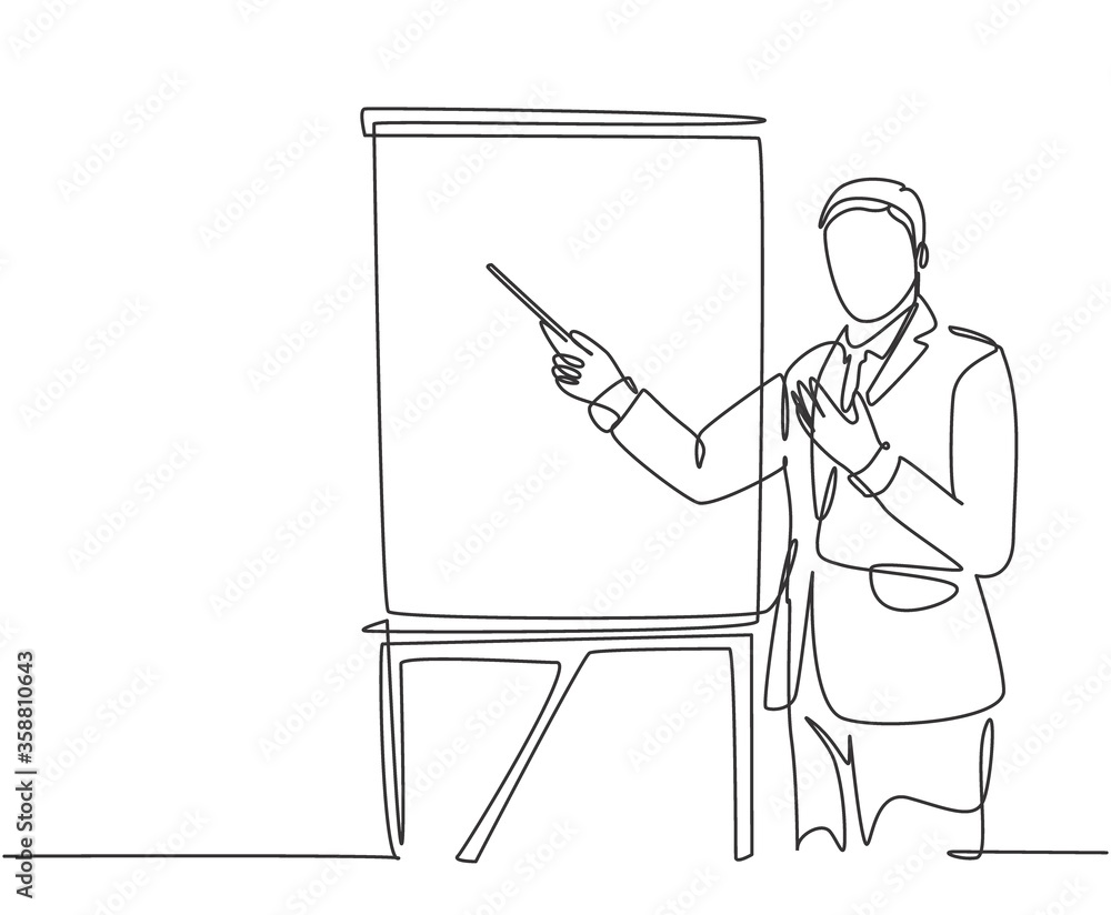 One single line drawing of young manager holding a tablet during ...