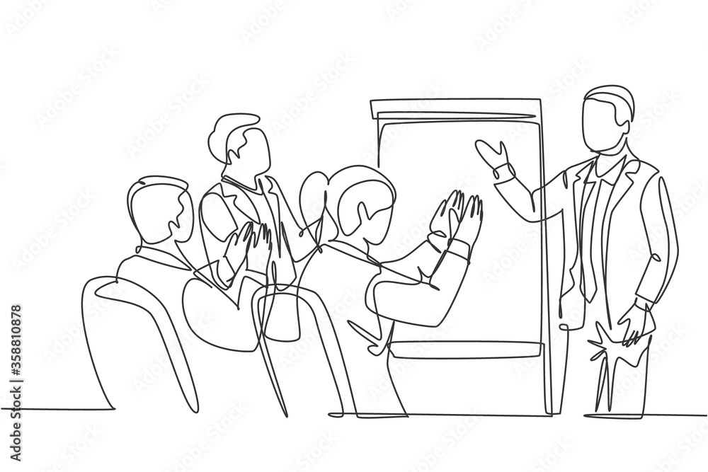 Single continuous line drawing of young happy startup founder ...