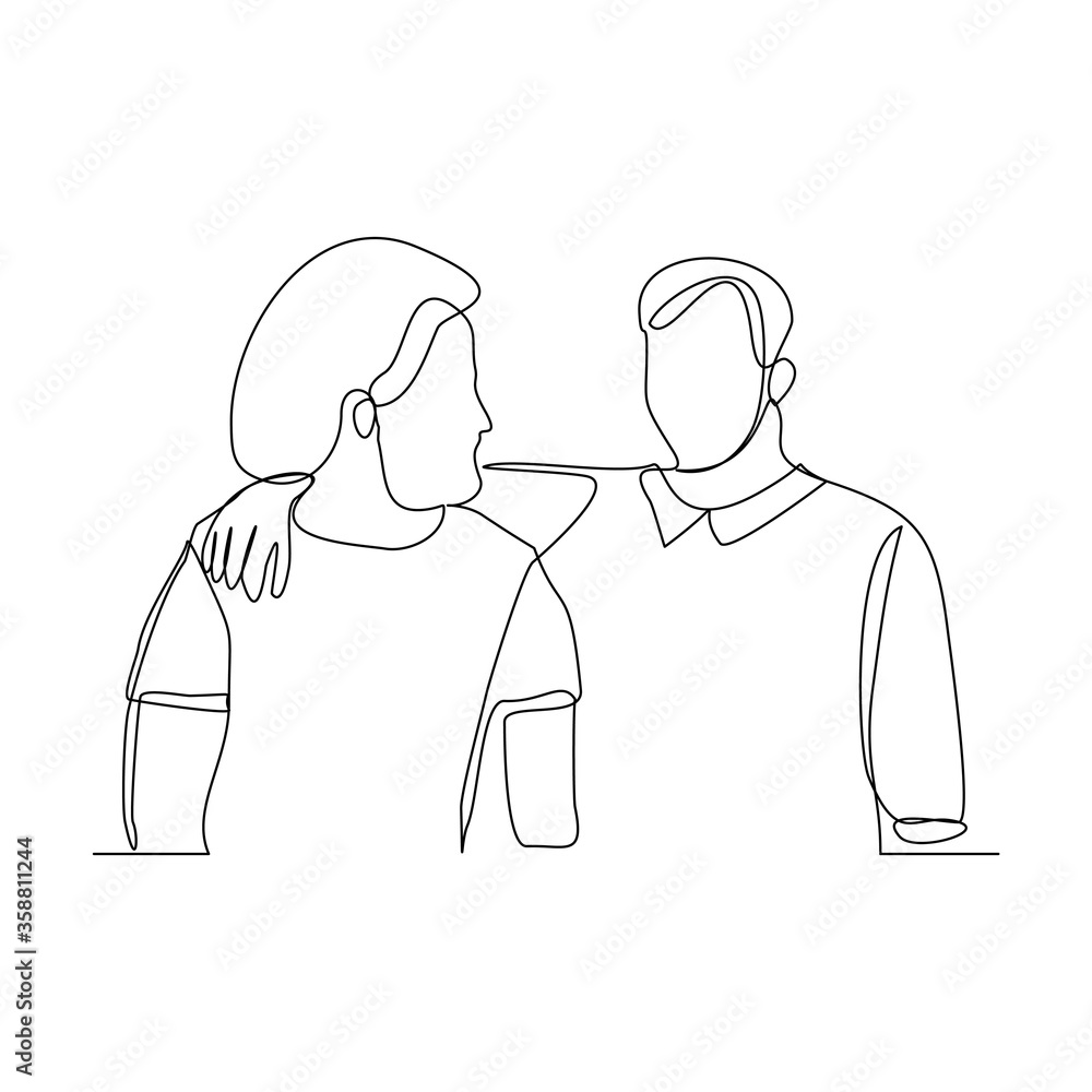 Continuous line drawing of men embrace together in friendship. Vector ...