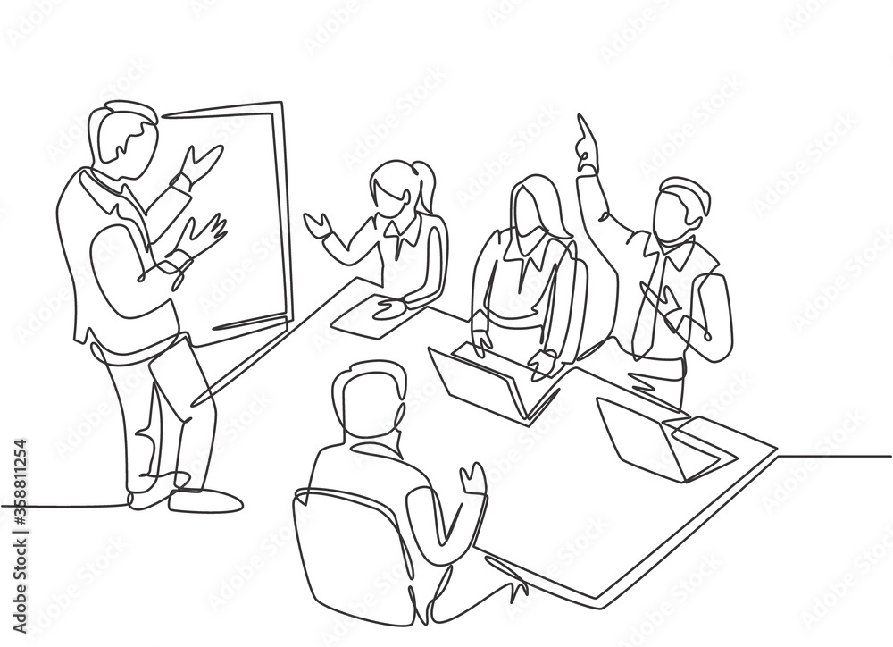 One single line drawing of young business manager giving presentation ...