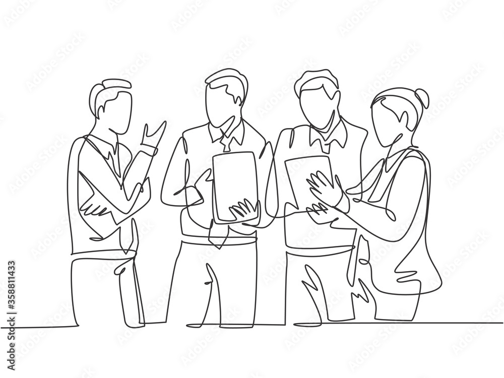 One continuous line drawing of young businessmen and businesswoman ...