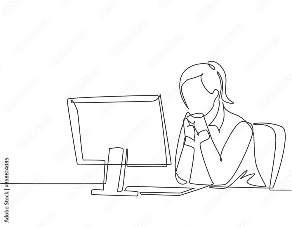 Single continuous line drawing of young female manager sitting calmly ...